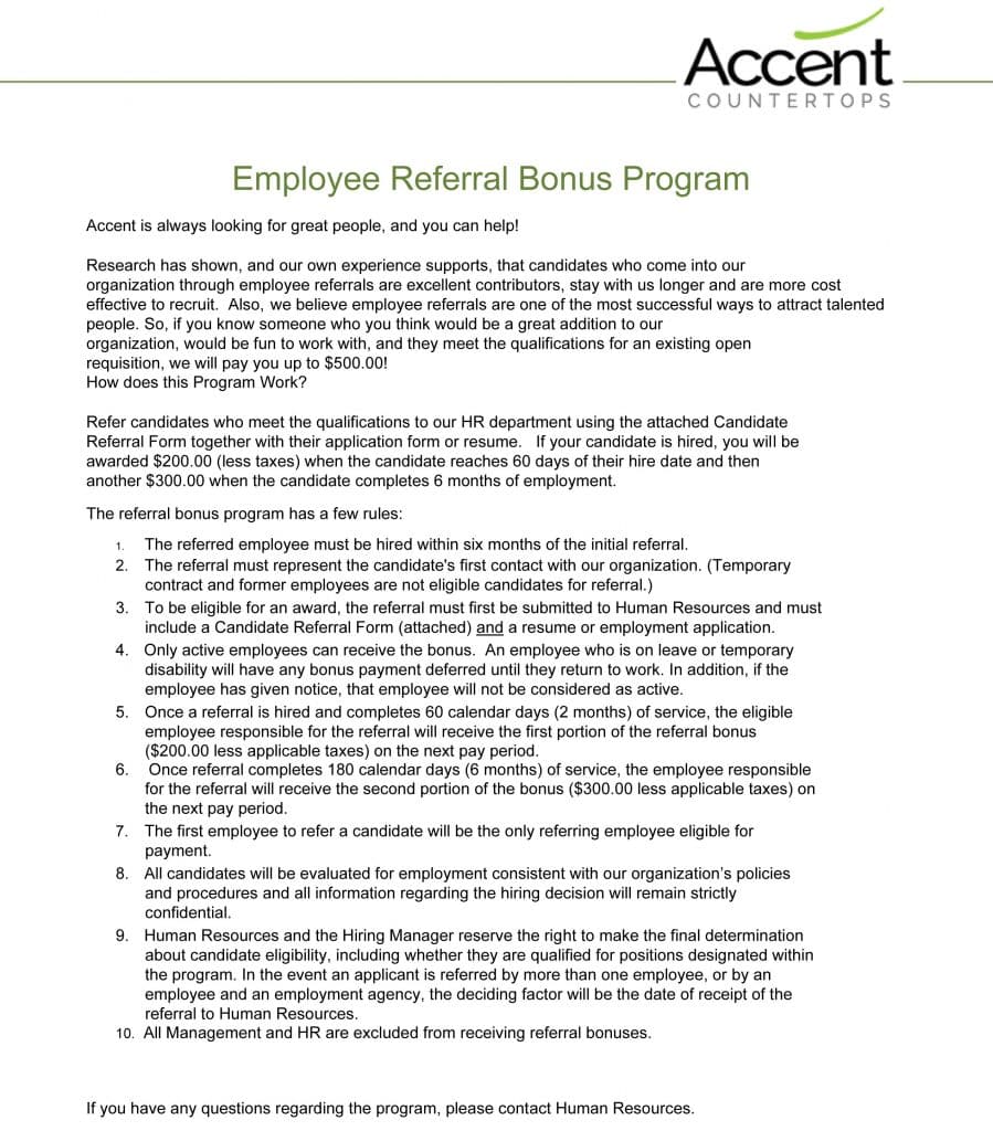 Employee Referral Bonus Program - Accent Countertops
